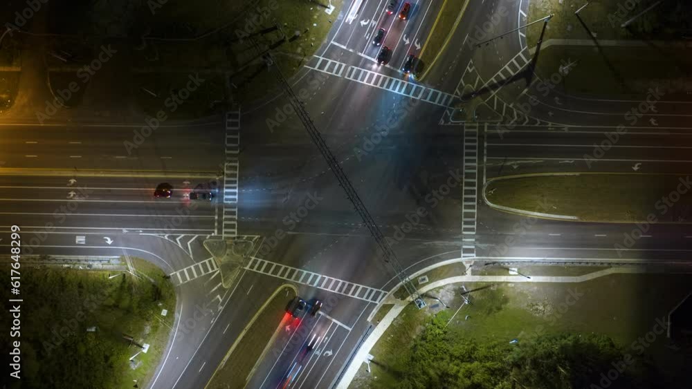 Aerial view of american wide multilane street intersection with traffic ...