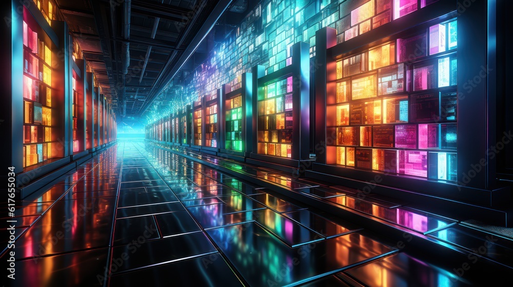 Rows of colorful server racks fill the room, representing the immense ...