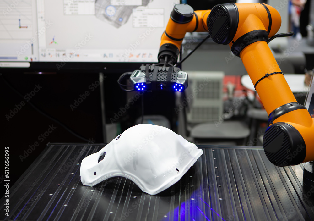 Automated 3D scanning. Robot perform 3D scan on workpiece. Industrial ...