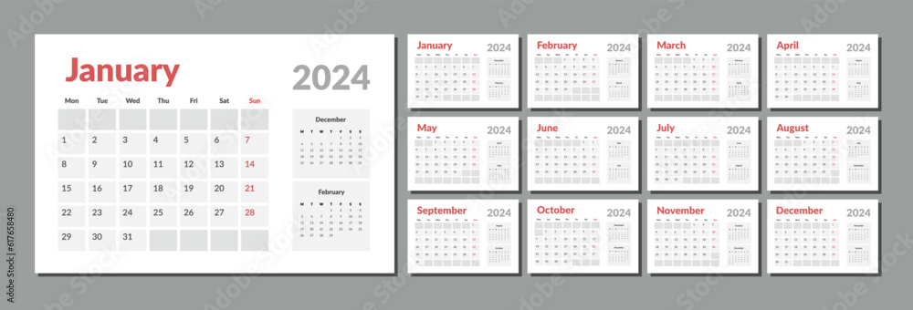 2024 Calendar Planner Template. Vector layout of a wall or desk simple ...