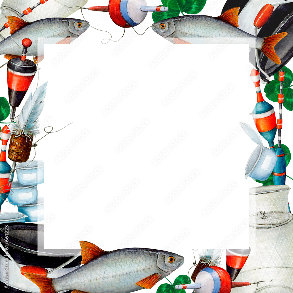Watercolor drawing square frame from various fishing bobblers, fish ...