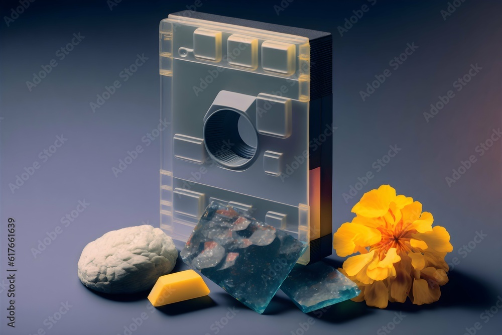 still life shot of an transparent floppy disc made of rocks and ...