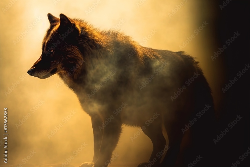 Ethereal Fenrir: Enigmatic Giant Wolf Emerges from Mist in Dark Gold ...