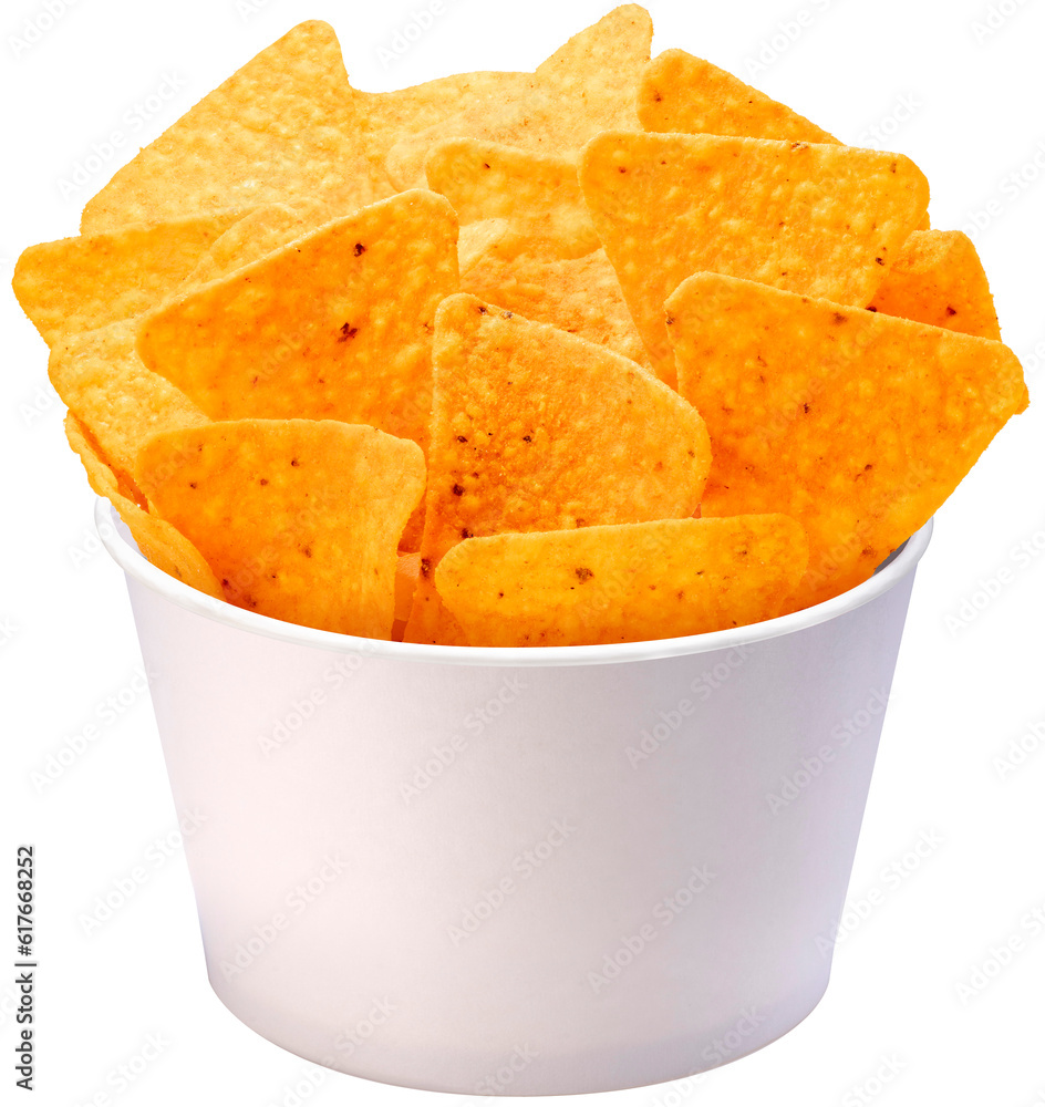 Nachos in paper bucket isolated on white background, Corn chips on ...