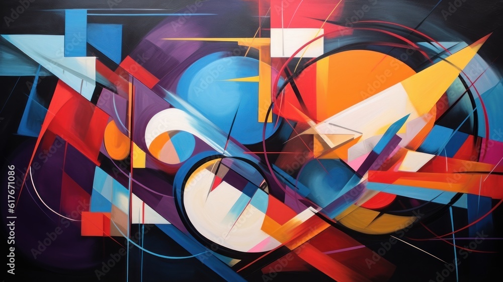 A 2D abstract artwork using geometric shapes and vibrant colors to ...