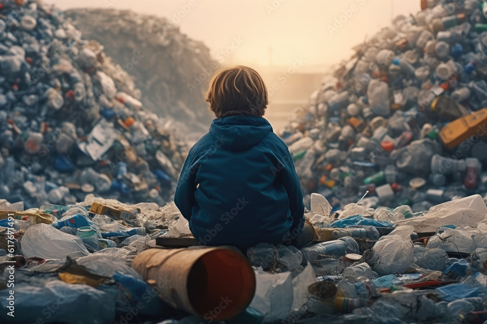photorealism of Back of sad child boy sit looking at a lot of plastic ...