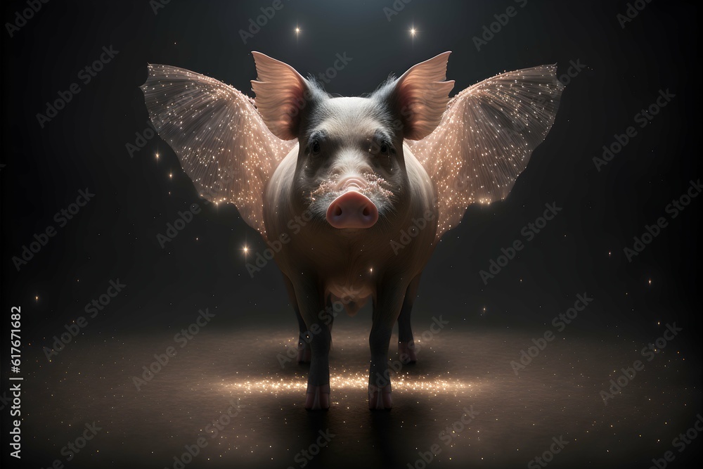 A realistic pig with wings Frik portrait glowing sparkles wide angle ...