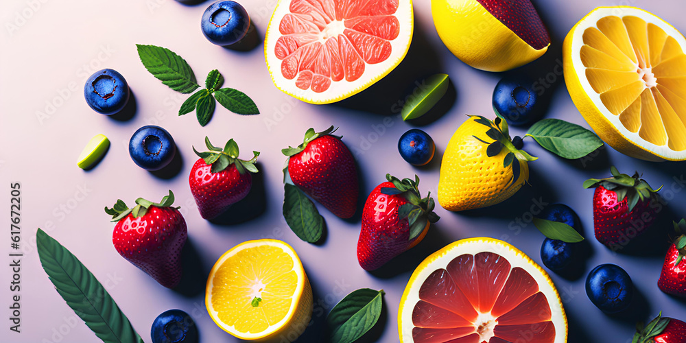 Fruit background with bright summer fruits, mint leaves, lemon, orange ...