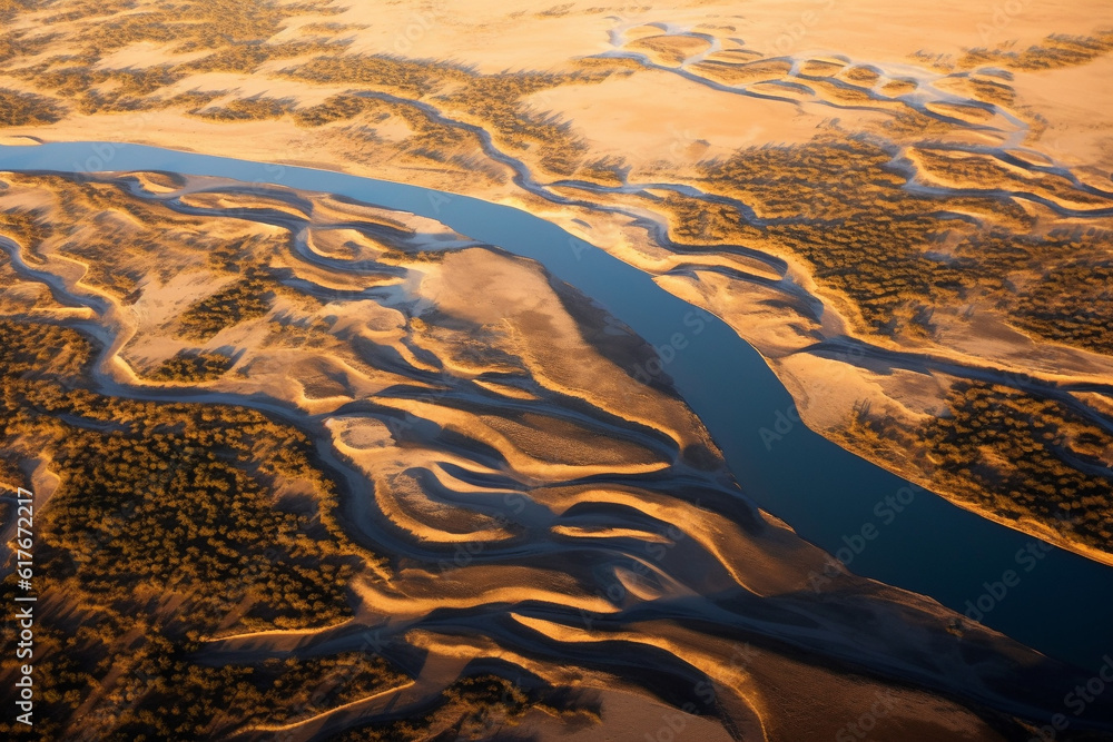 The river delta as seen from an aerial shot. The bends and curves ...
