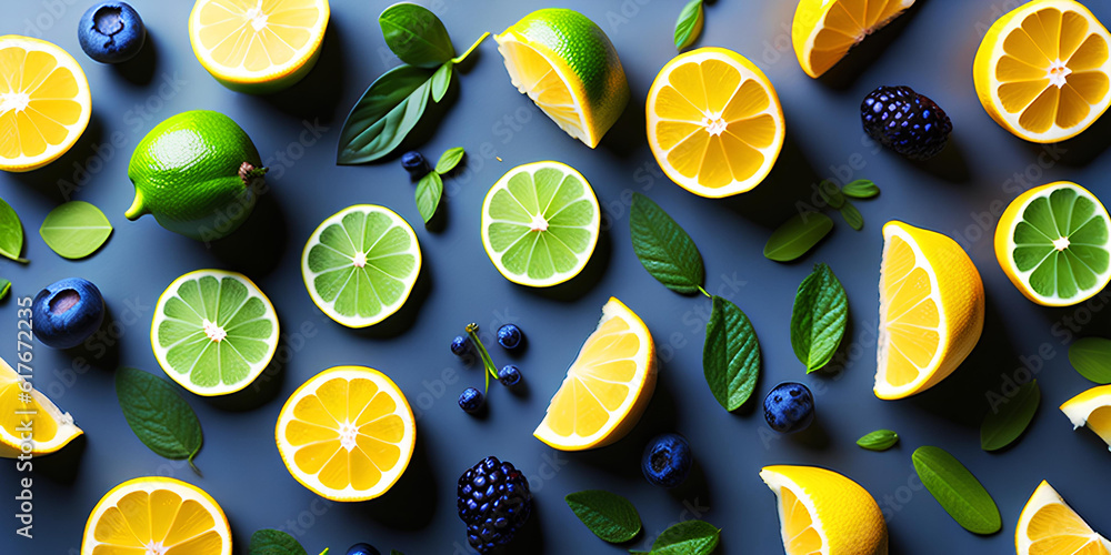 Fruit background with bright summer fruits, mint leaves, lemon, orange ...
