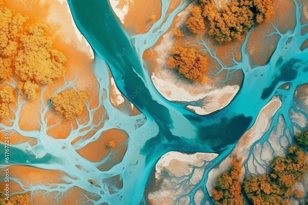 The river delta as seen from an aerial shot. The bends and curves ...