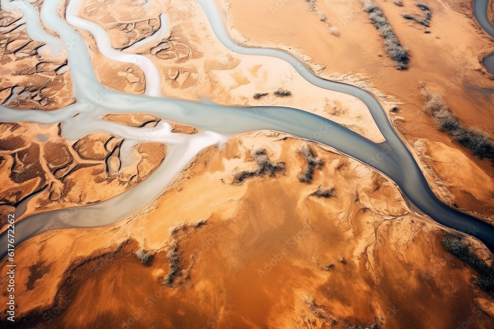 The river delta as seen from an aerial shot. The bends and curves ...
