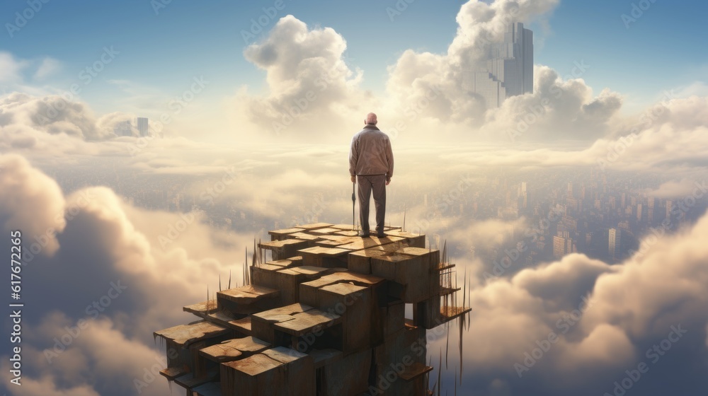 A 3D composition depicting an older person standing atop a tall ...