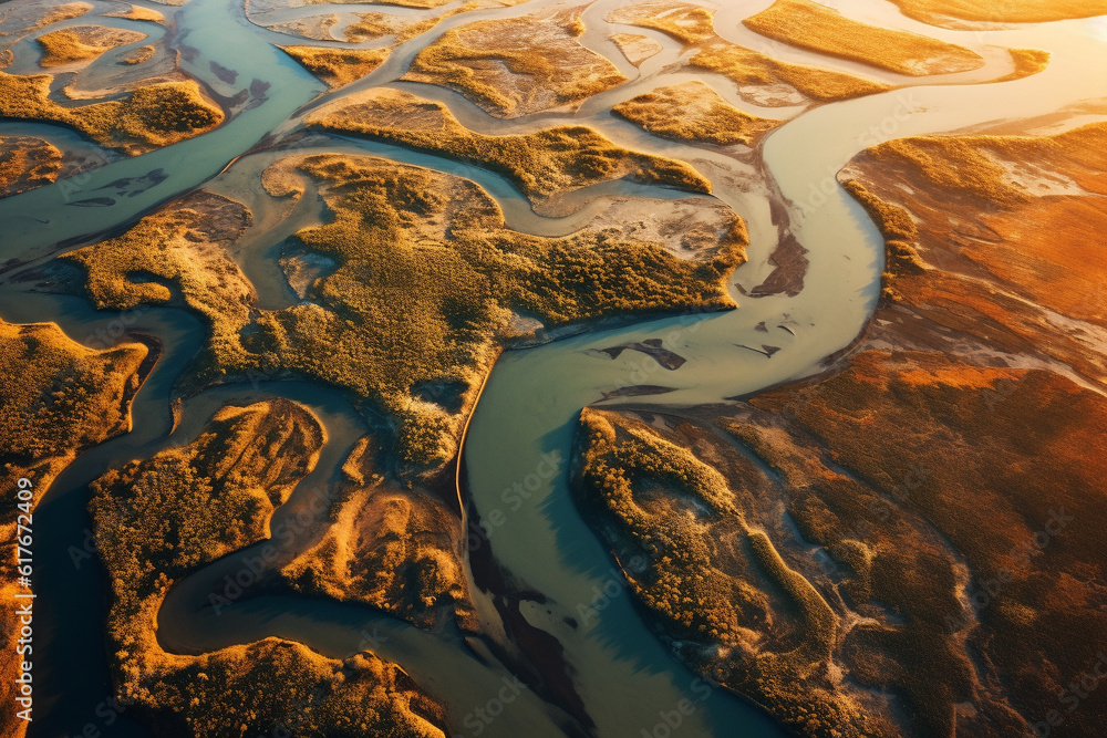 The river delta as seen from an aerial shot. The bends and curves ...