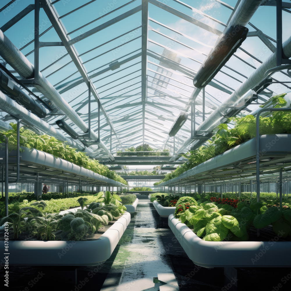 hydroponic greenhouse, filled with rows of thriving leafy greens and ...
