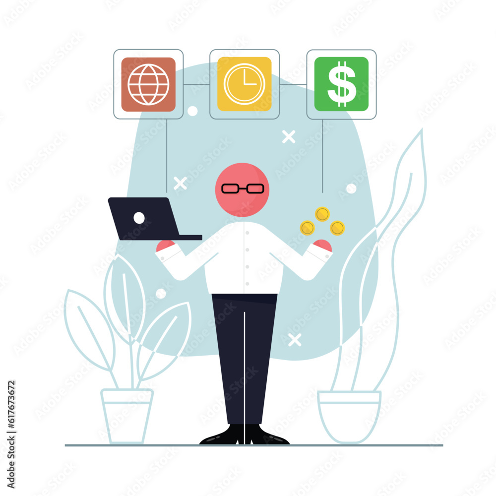 Vetor de Man holding laptop and working. Cartoon character organizing ...