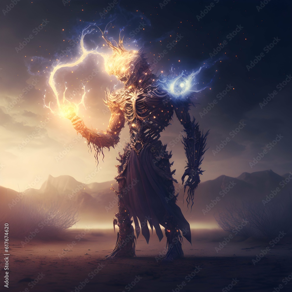 a necromantic ritual summoning a bone titan character design lens flare ...