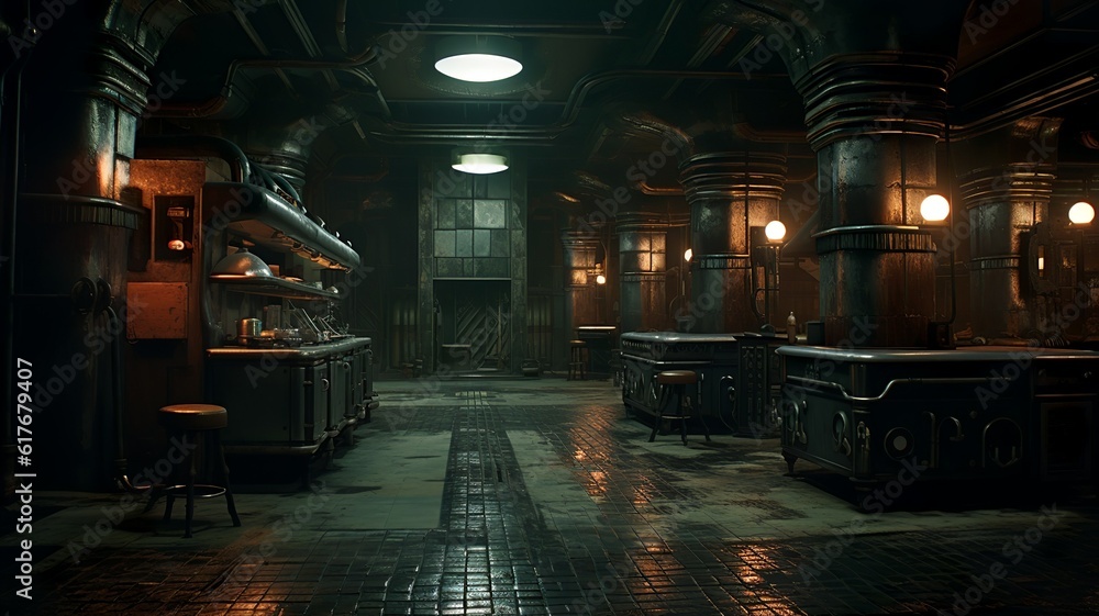 Dark fantasy underground steampunk kitchen interior dungeon design ...