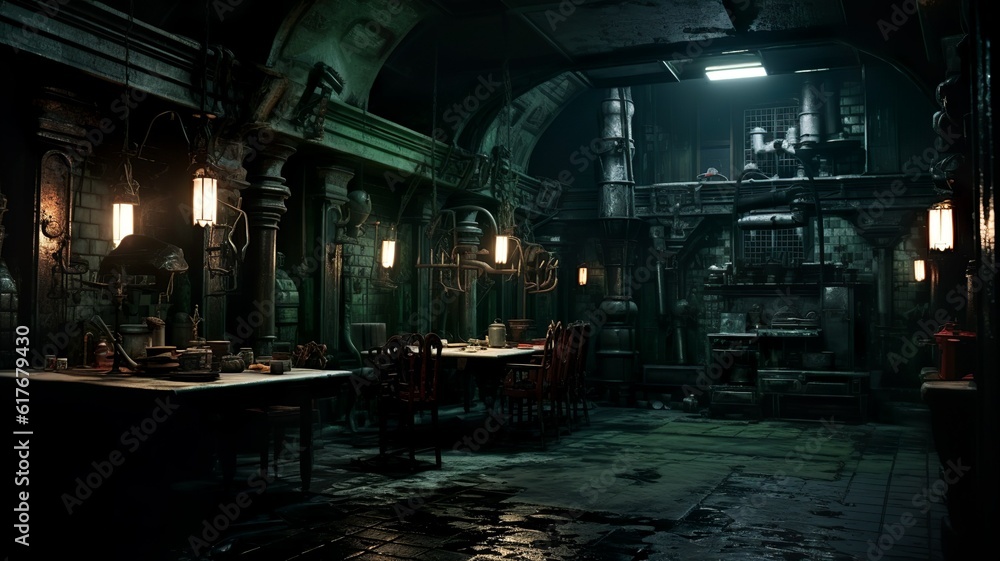 Dark fantasy underground steampunk kitchen interior dungeon design ...
