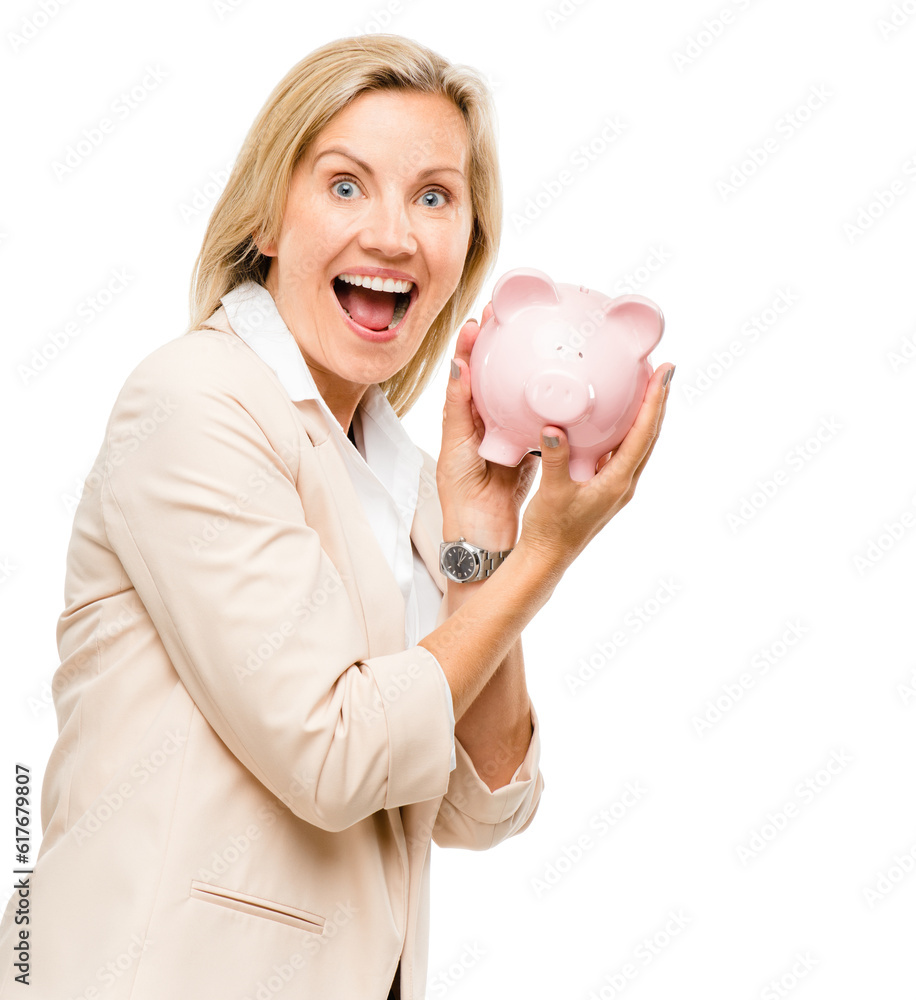 Happy woman, surprise and piggy bank for money savings or investment ...