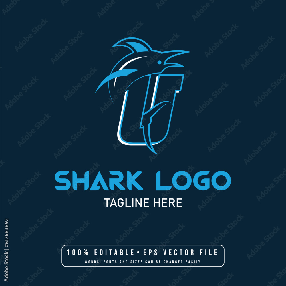 Editable shark with U letter logo design vector U letter shark logo ...