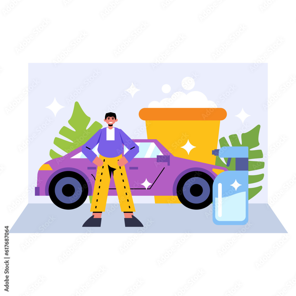 Cartoon owner standing near clean car. Detergents for car cleaning ...