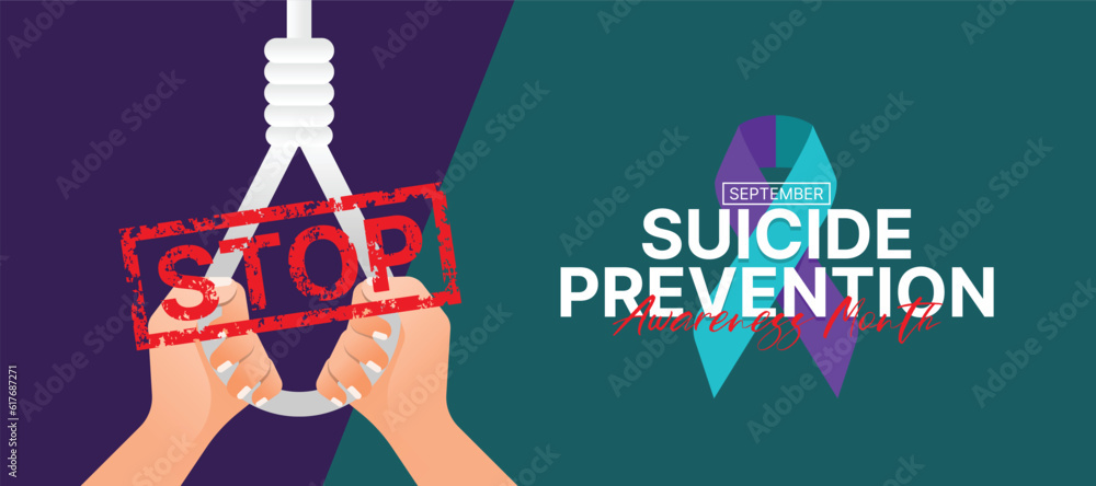 Suicide prevention awareness month text and teal purple ribbon ...