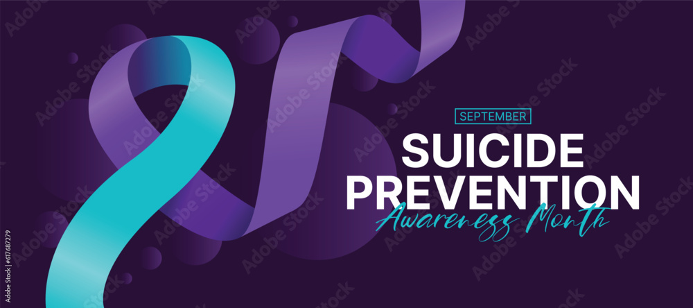 Suicide prevention awareness month text and teal purple ribbon ...