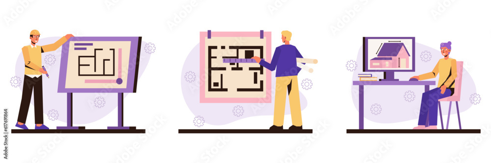 Set of different architects working on project. Architects draw plan ...