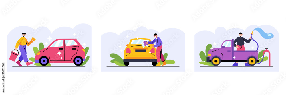 Set of different cartoon characters washing cars. Male holding bucket ...