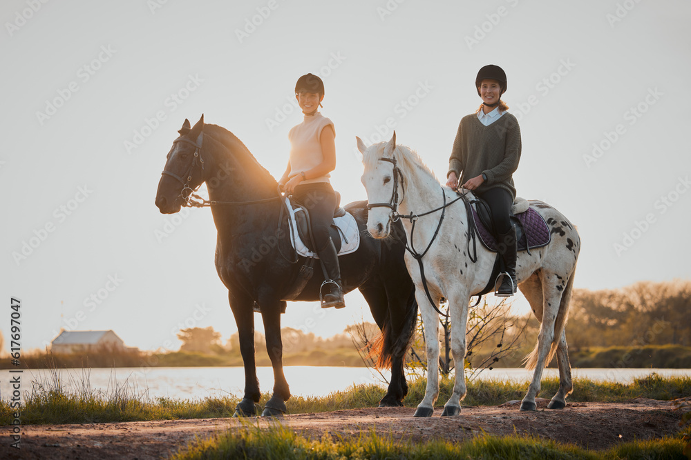 Horse riding, sunset and hobby with friends in nature on horseback by ...