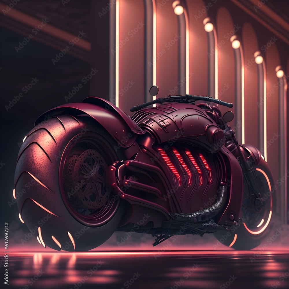 an art deco designed futuristic dark maroon red FLYING motorcycle ...