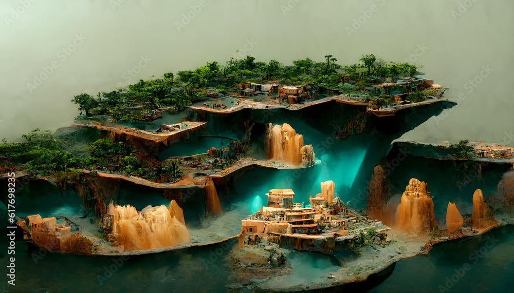 Ilustração do Stock: 3D miniature diorama floating Aztec city with ...