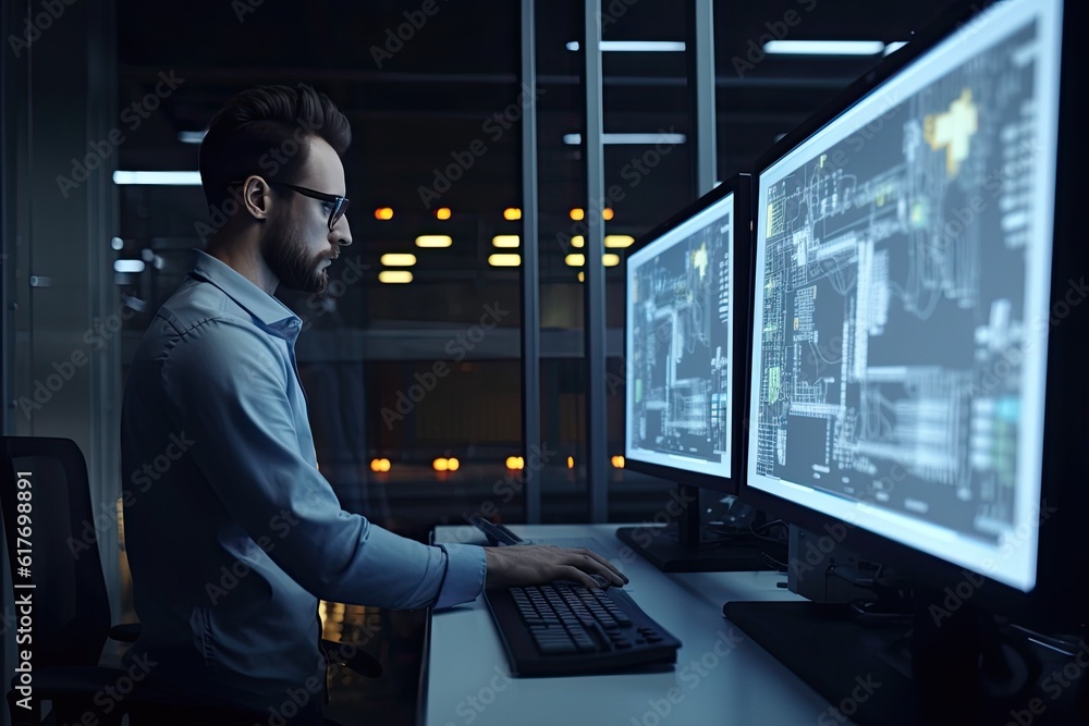 Engineer in safety working on computer at factory. Industrial and ...