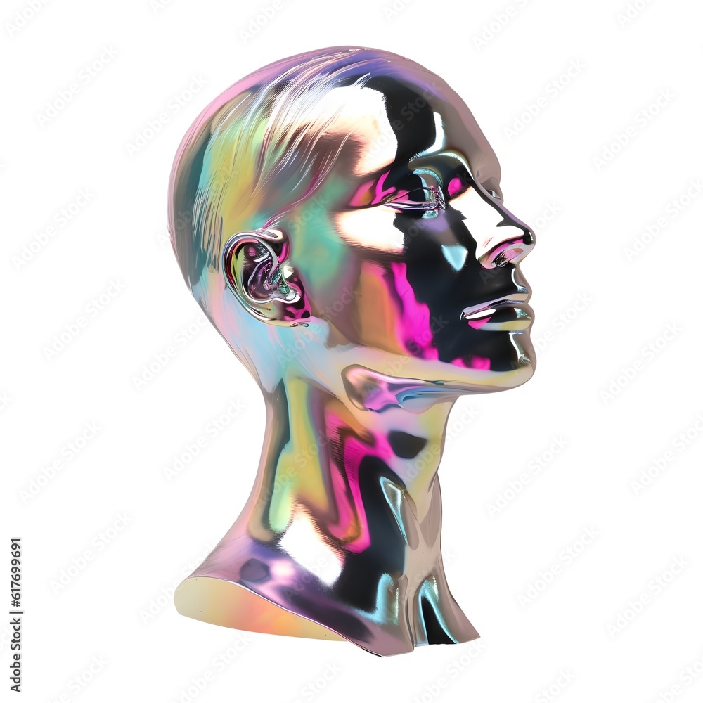 Cyber beautiful woman bust from liquid holographic metal chromatic neon ...