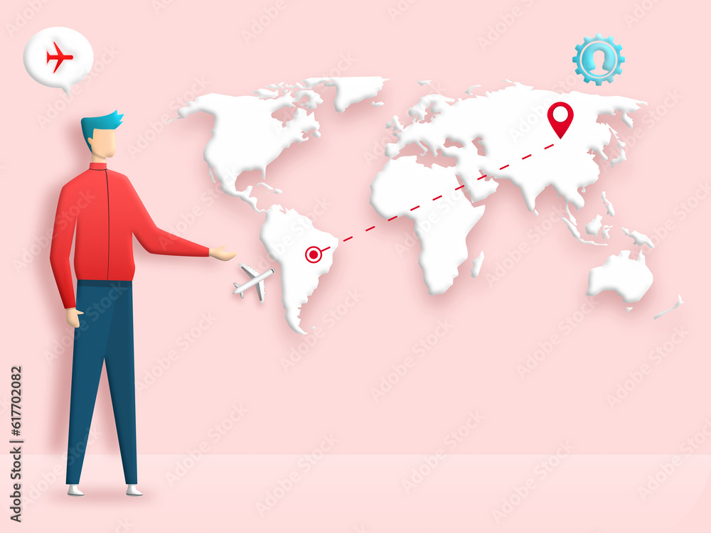Man standing talk about to map world with plane, location, gear icon ...