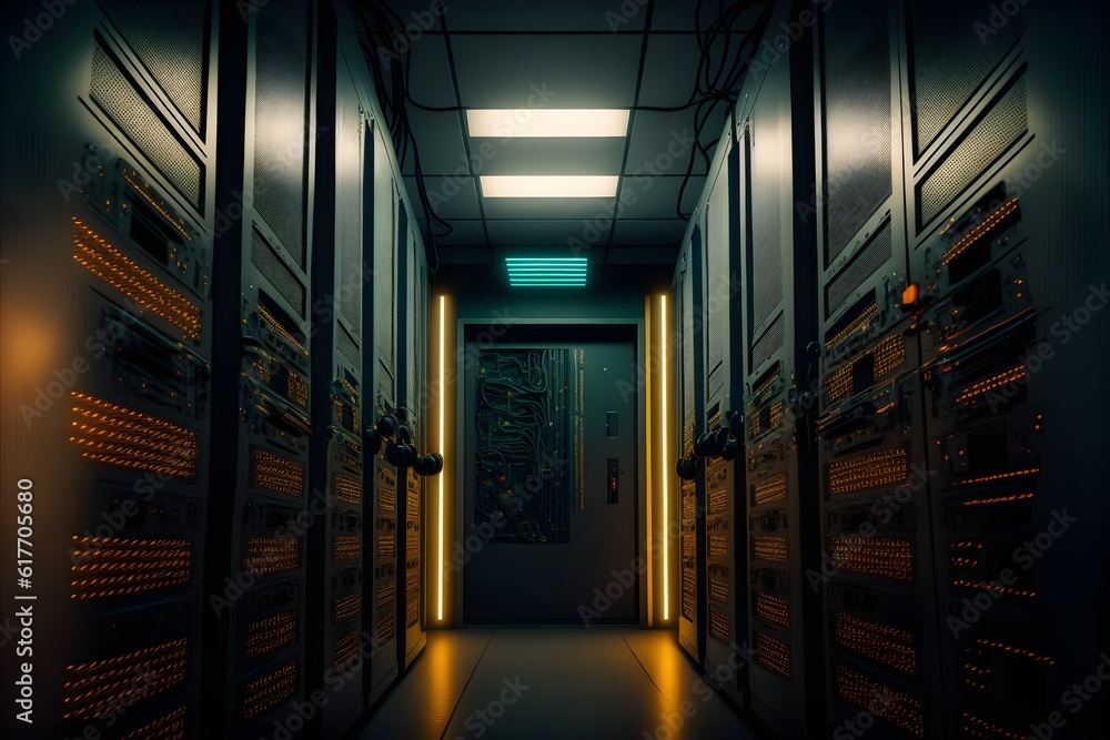 hyper detailed photograph of nobody in a brightly lit server room with ...