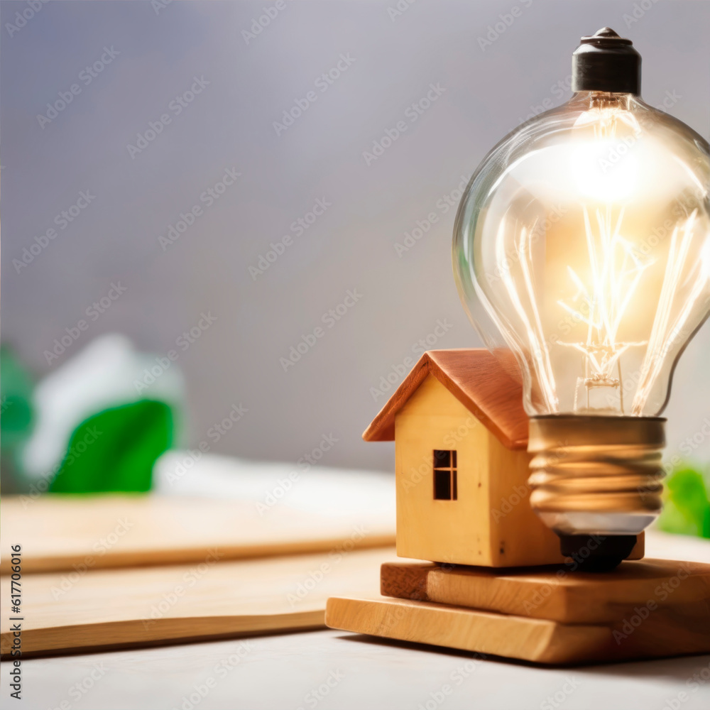 light bulb with wooden house on the table a symbol for construction ...
