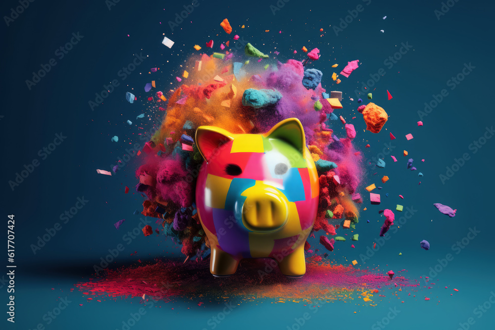 Piggy bank explodes on a blue background, money saving concept, AI ...