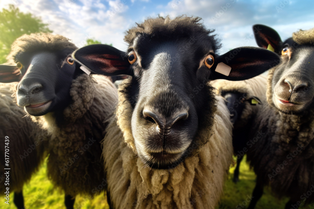 A flock of black sheep. Sheep look into the camera. Curious animals on ...
