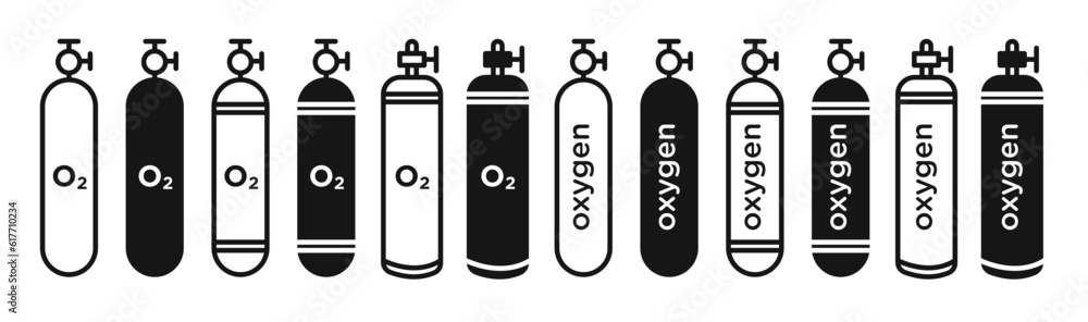 Oxygen gas o2 cylinder icon set. Icu oxygen tank vector line symbol ...