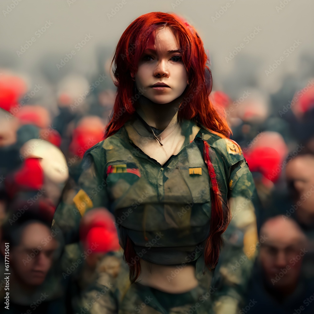beautiful female soldier standing in a crowd of people red haired army ...