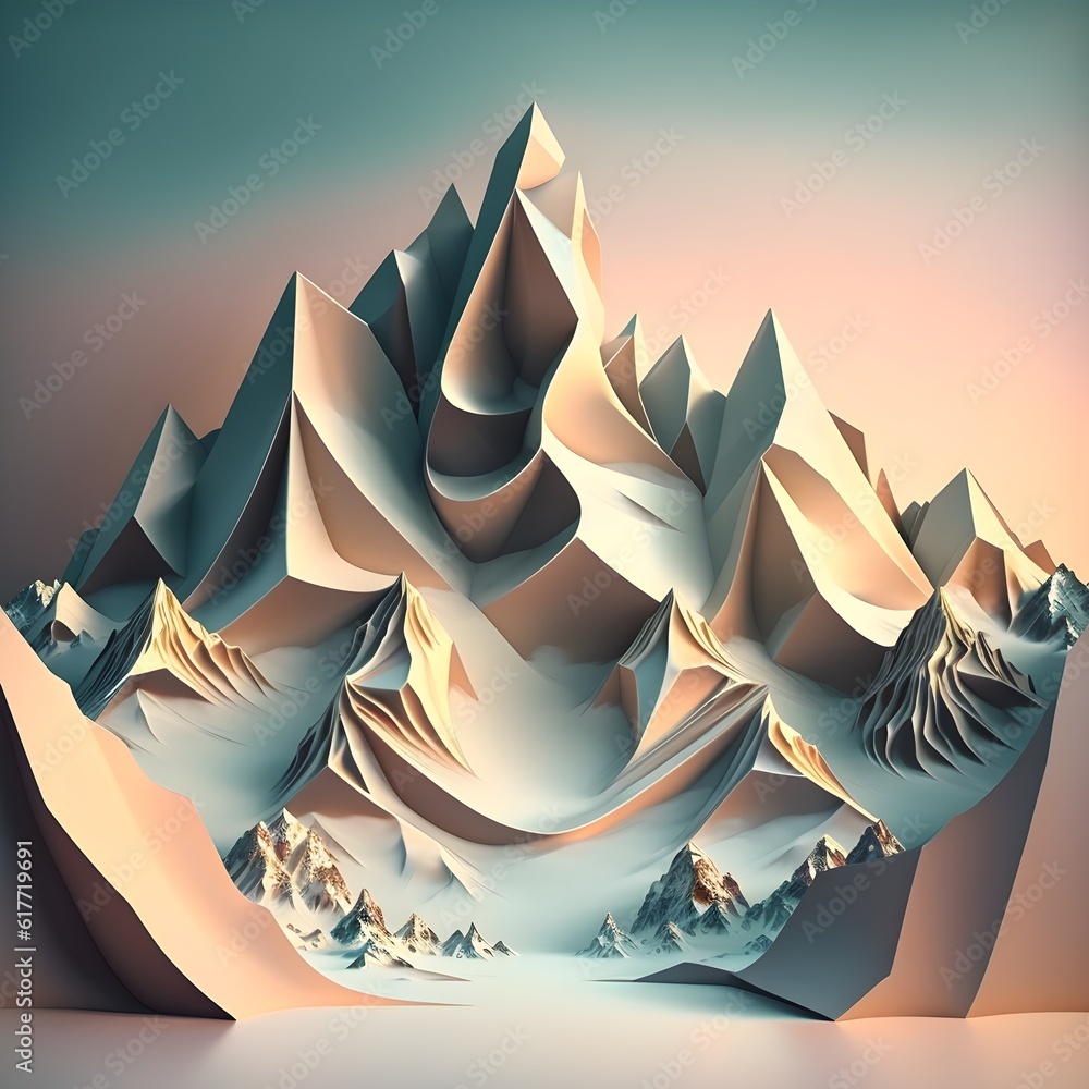 A mountain range depicted in a surrealist style with inverted and ...
