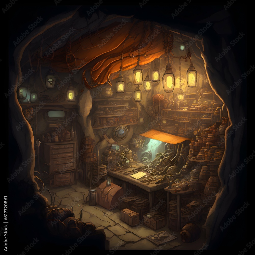 fantasy environment kobold mine cluttered claustrophobic warm lighting ...