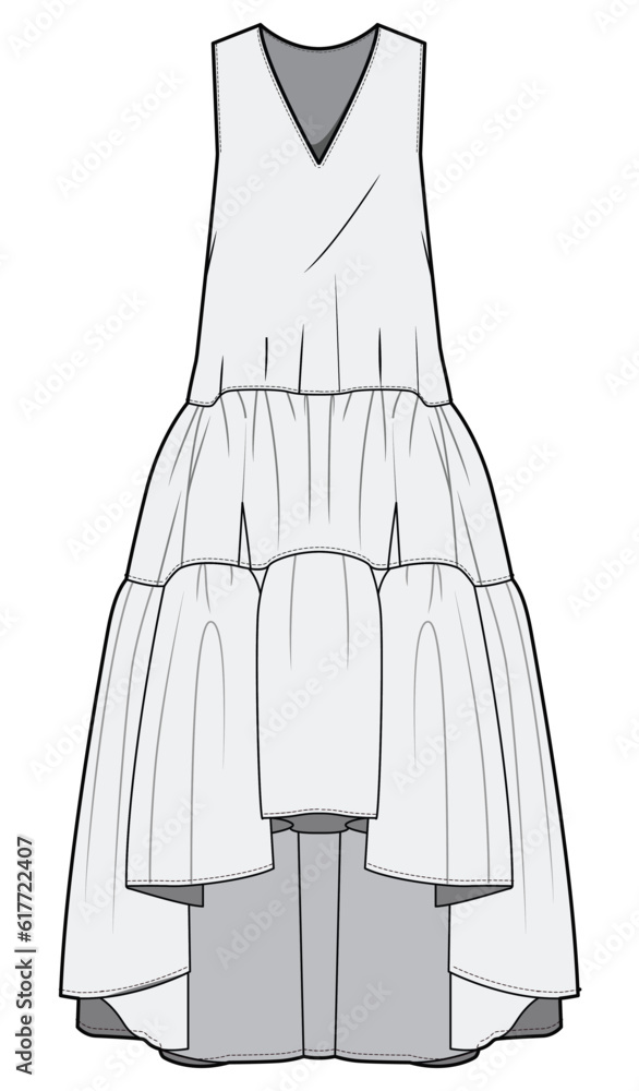 Sleeveless Tent Tiered Ruffle Back Long Hem Fashion Flat Sketch Vector ...