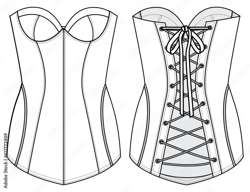 Back Lace Up Corset with Cup Bra, Victorian Corset Front and Back View ...