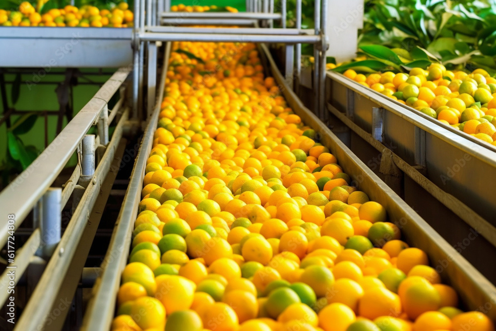 citrus fruit processing factory conveyor, juice production, created by ...