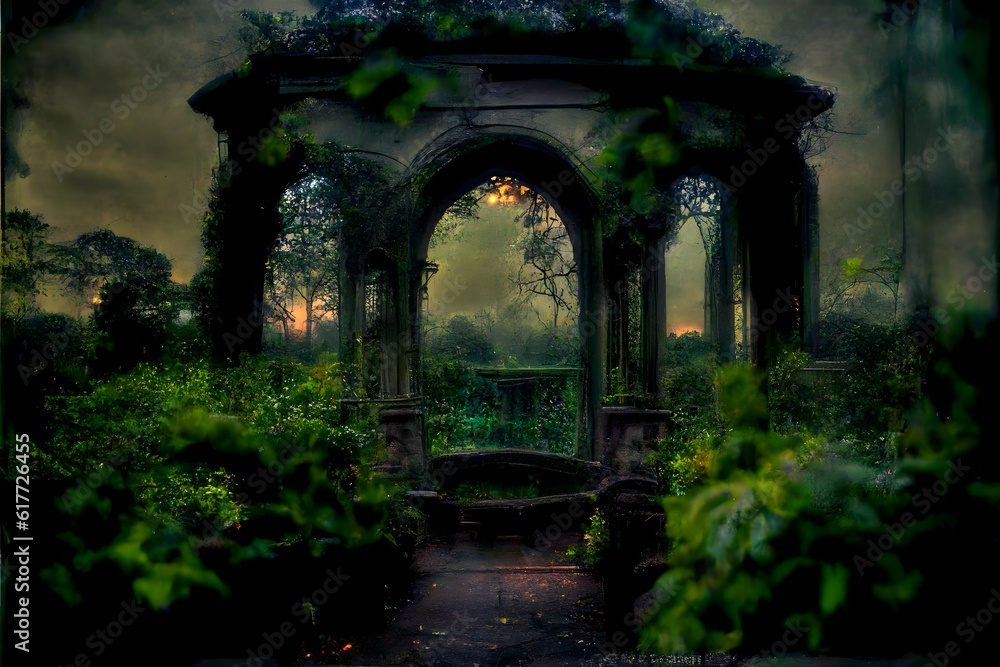 Twilight view from inside an overgrown decaying victorian gazebo ...