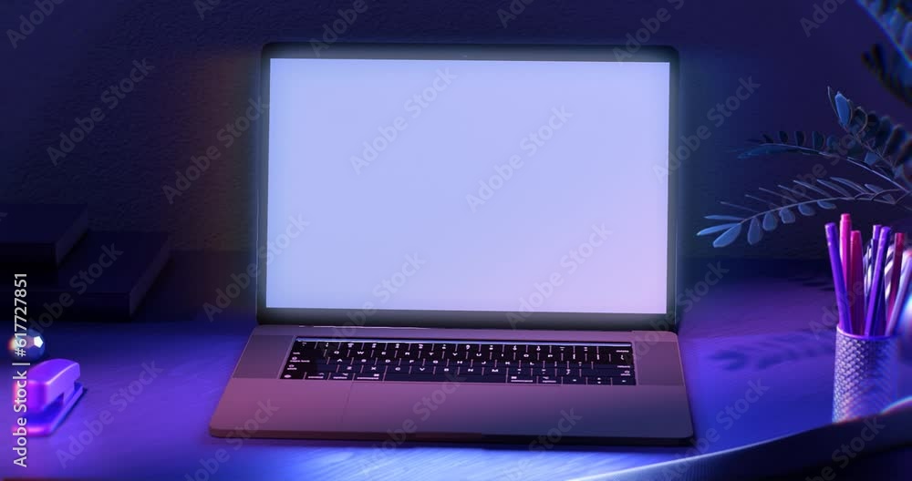 3D rendered animation of an opened laptop with an empty white screen ...