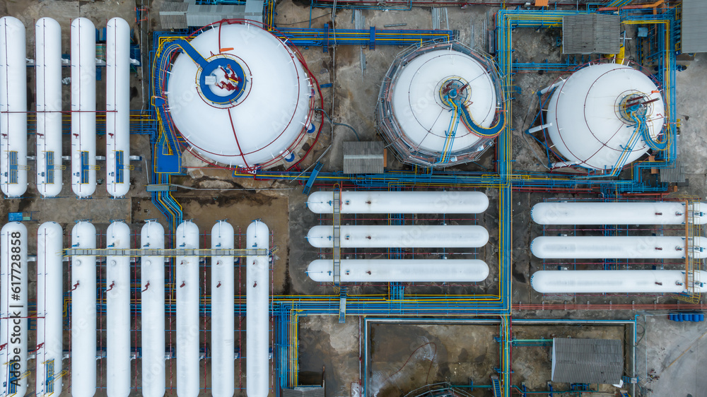 Aerial top view LPG Liquefied Petroleum Gas storage tank, LPG gas ...